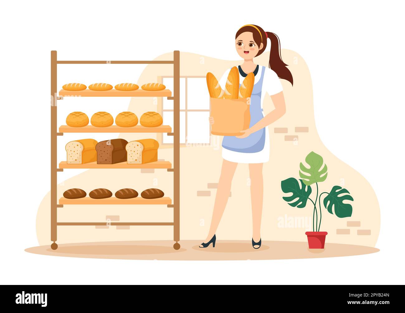 Bread Mill Illustration with Wheat Sacks, Various Breads and Windmill ...