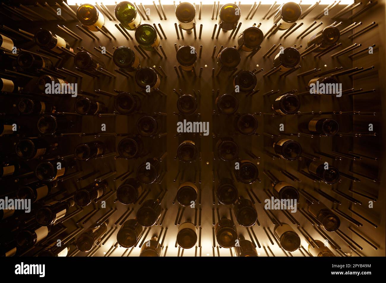 Wine cellar interior with bottles of various wines on rack Stock Photo ...