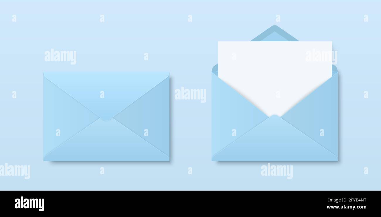 Vector Realistic Blank Blue Closed, Opened Envelopes with Letter Inside. Folded, Unfolded White ...