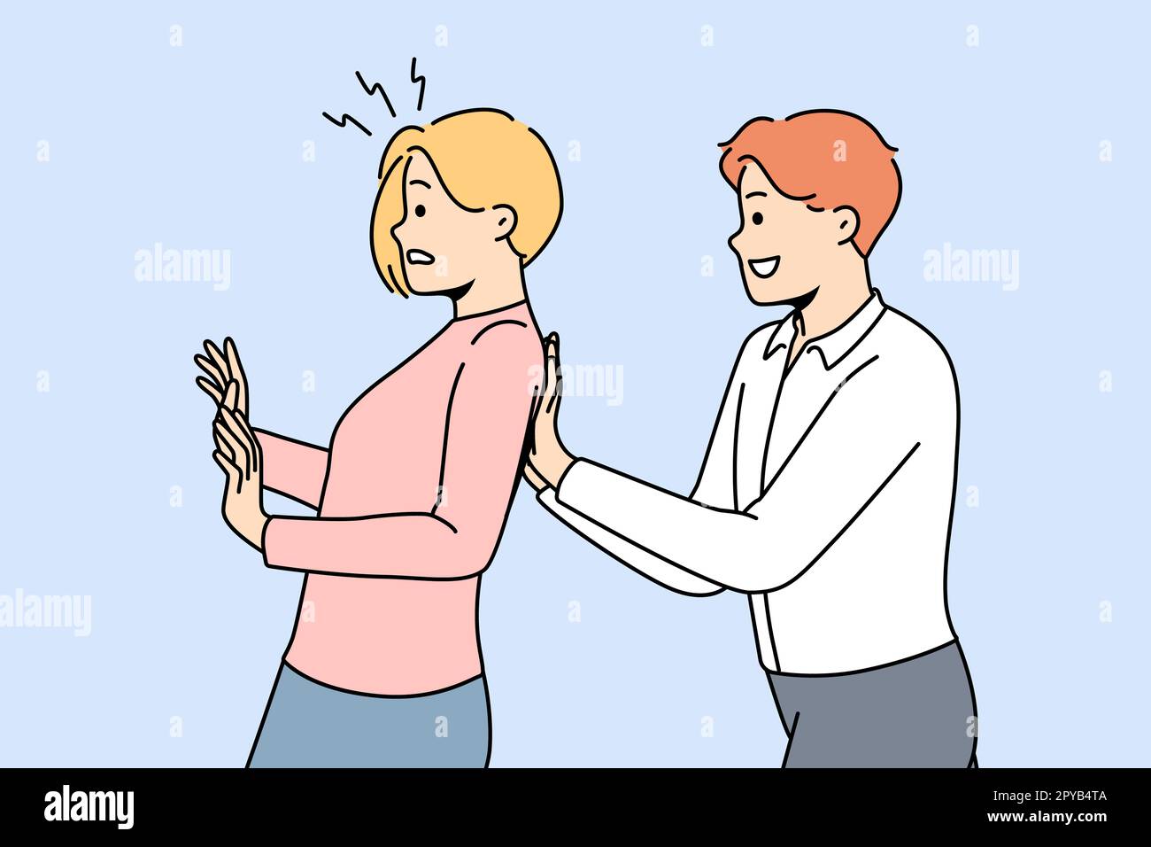 Smiling male employee push stressed female colleague forward. Happy ...