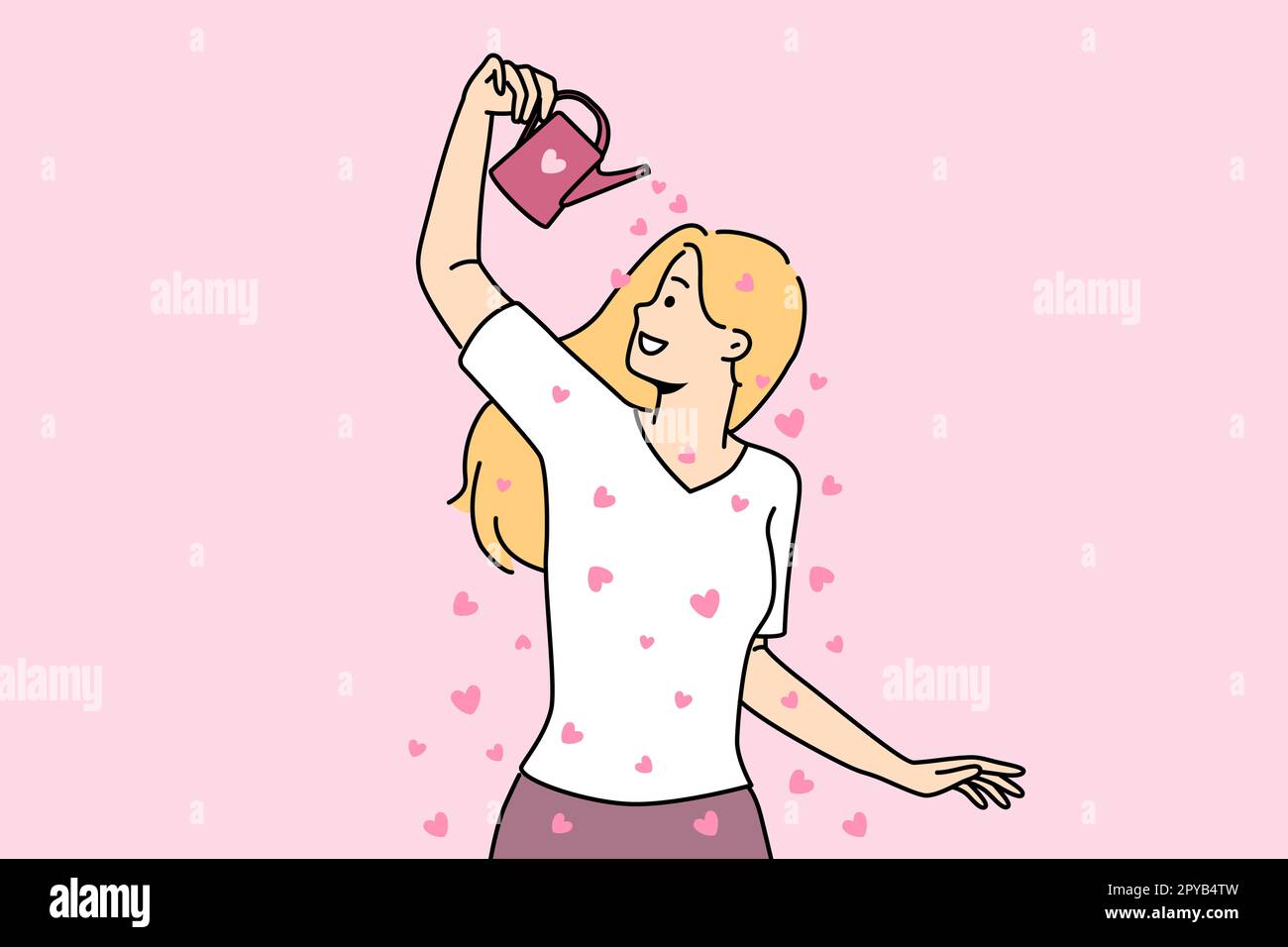 Woman with watering can pouring hearts on herself. Smiling girl feeling ...