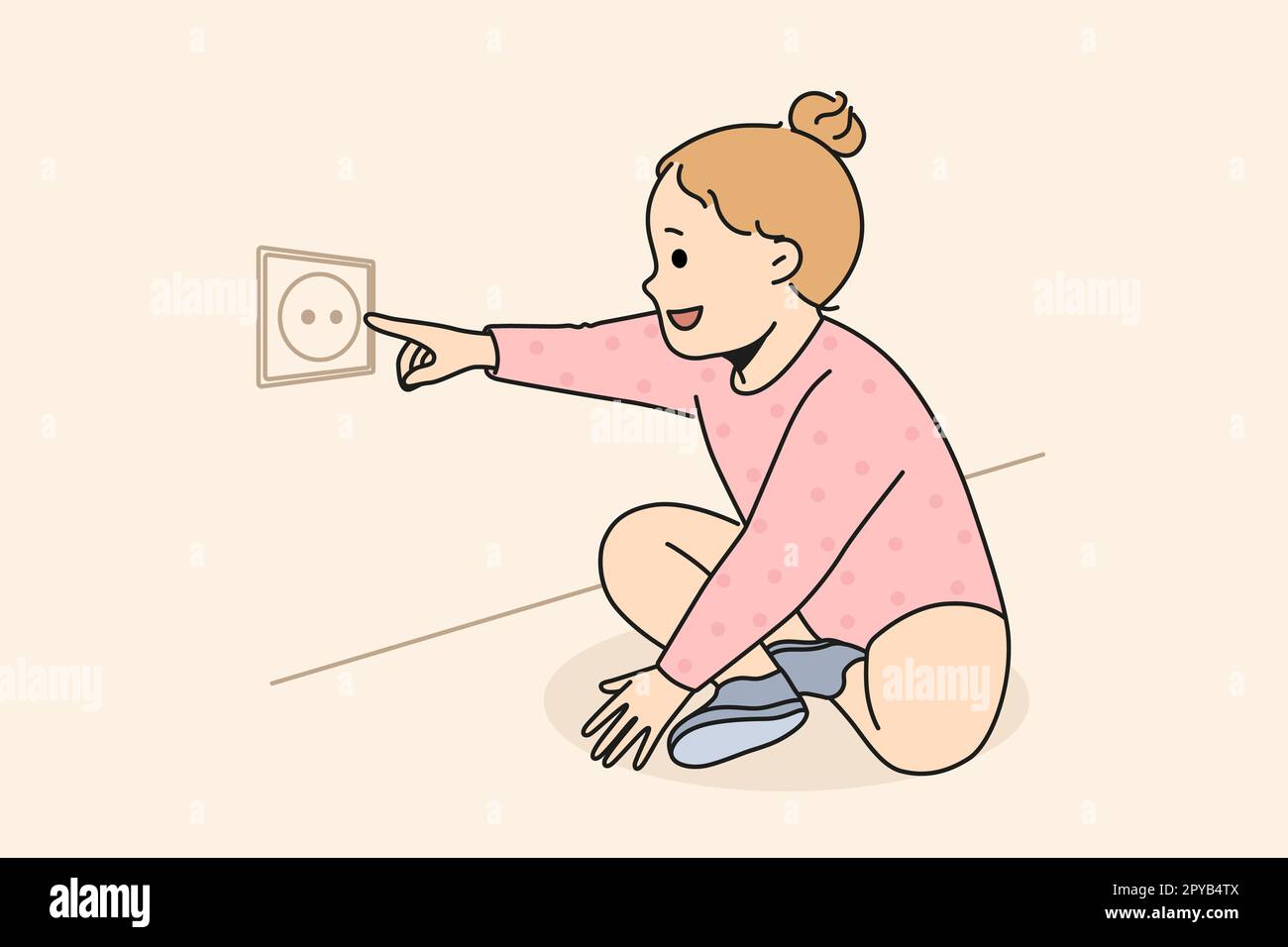 Happy cute girl child stretch finger to electrical socket at home ...
