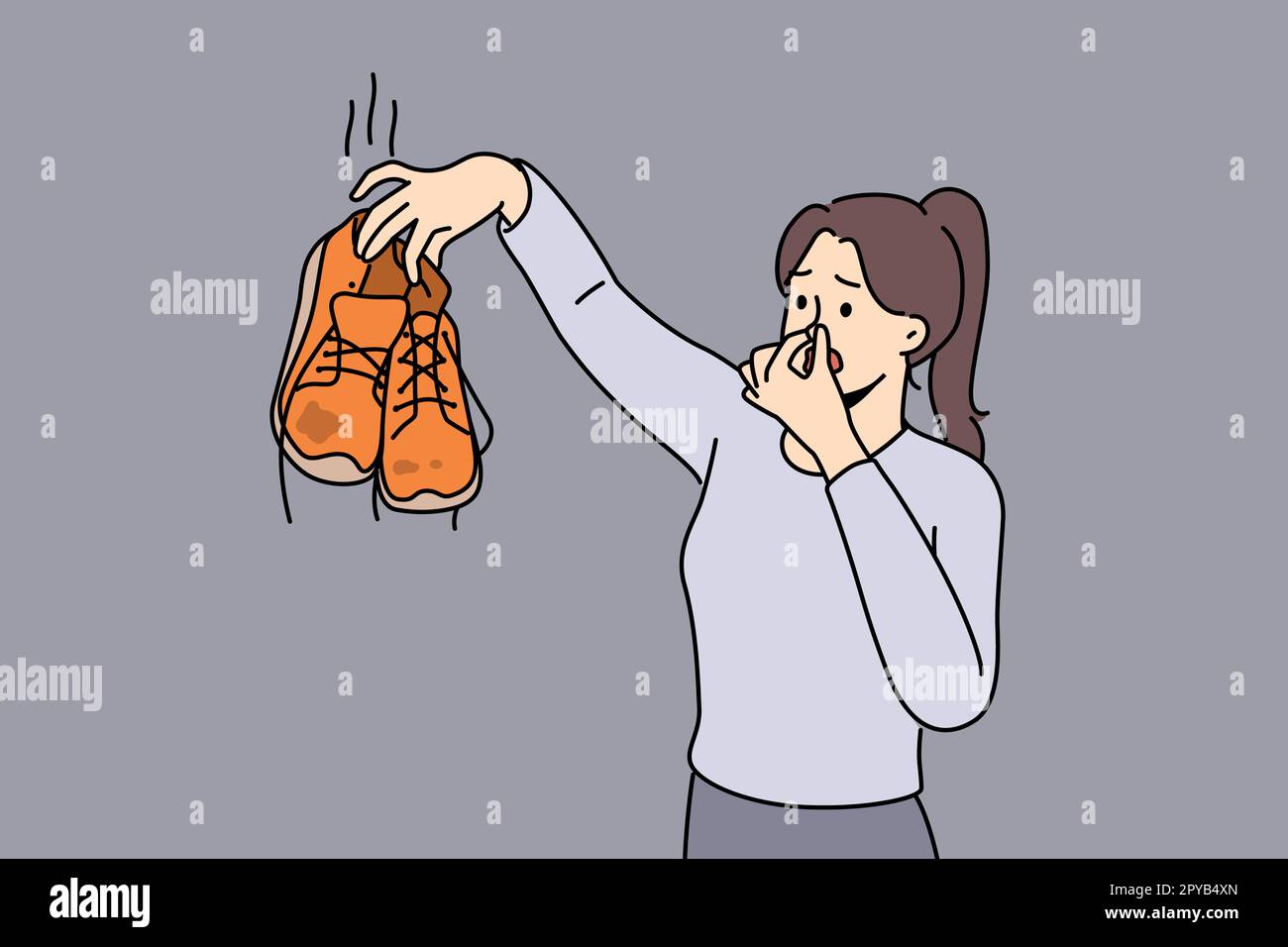 Woman hold in hands smell disgusting dirty shoes. Disgusted girl cover ...