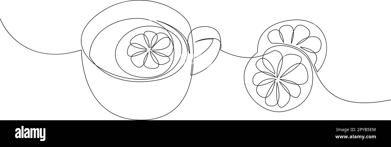 One continuous line drawing of cup of tea with lemon. Teacup modern ...