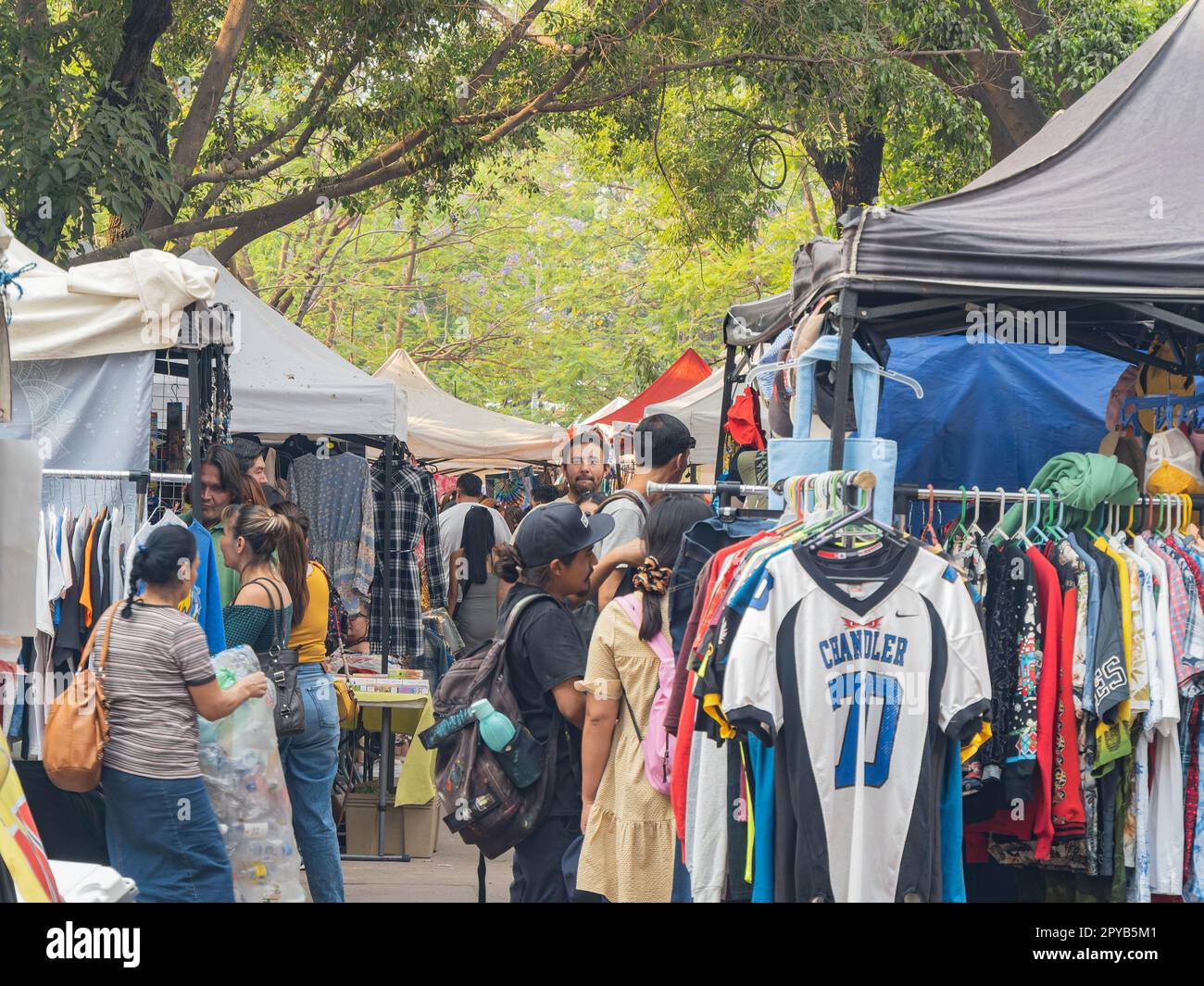 Mexico, APR 22 2023 - Many street vendors in the Parque Rojo Stock ...