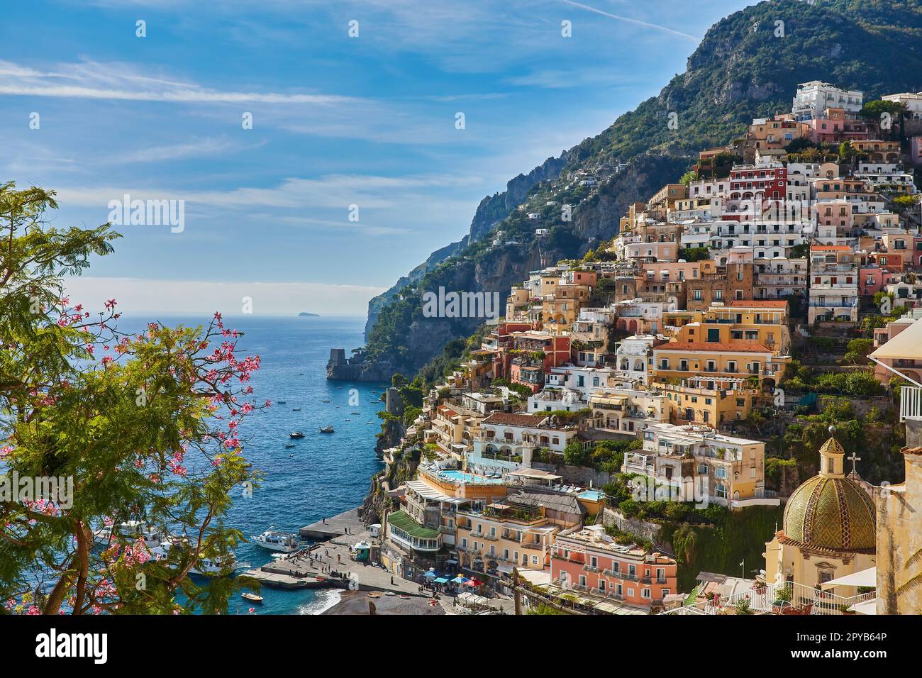 Panoramic view of Positano with comfortable beaches and blue sea on ...