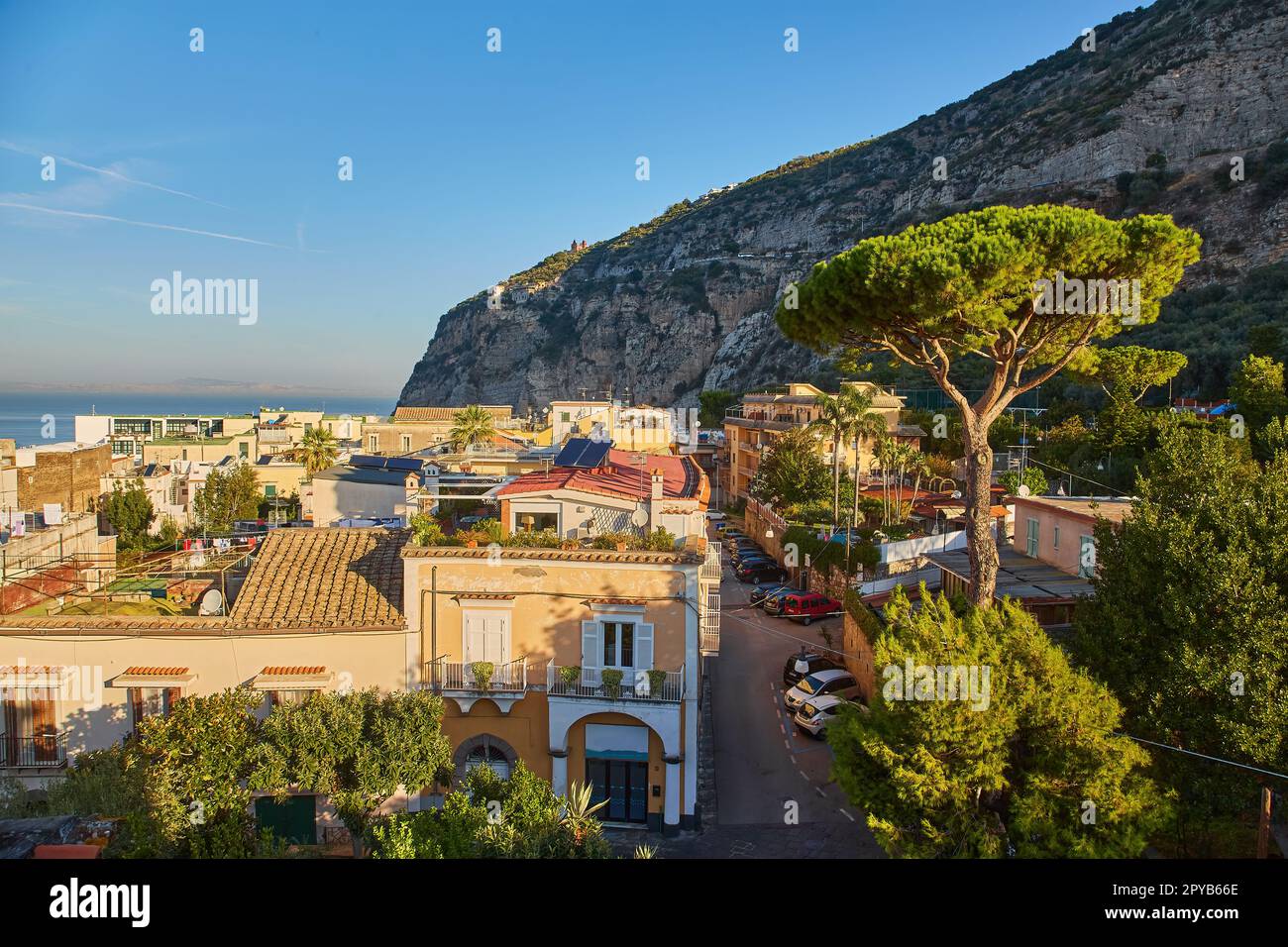 View of the Amalfi Coast and the village of Meta, Italy. Seaside resort ...