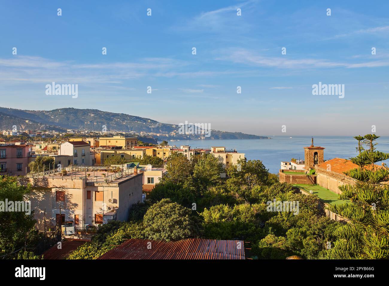 View of the Amalfi Coast and the village of Meta, Italy. Seaside resort ...