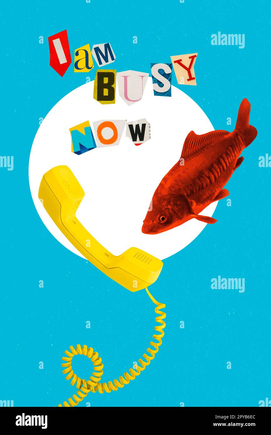 Creative drawing collage picture of red fish talking retro phone ...