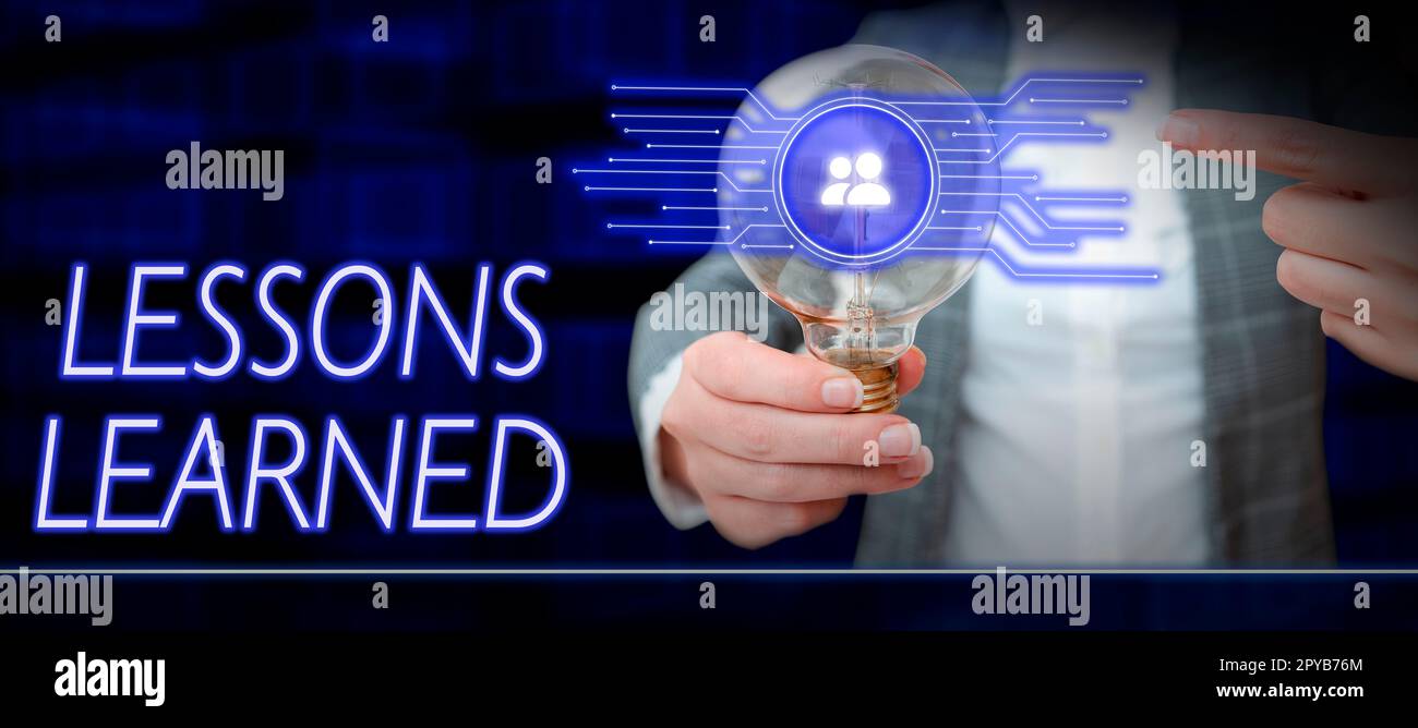 Text caption presenting Lessons Learned. Business idea Promote share and use knowledge derived ...