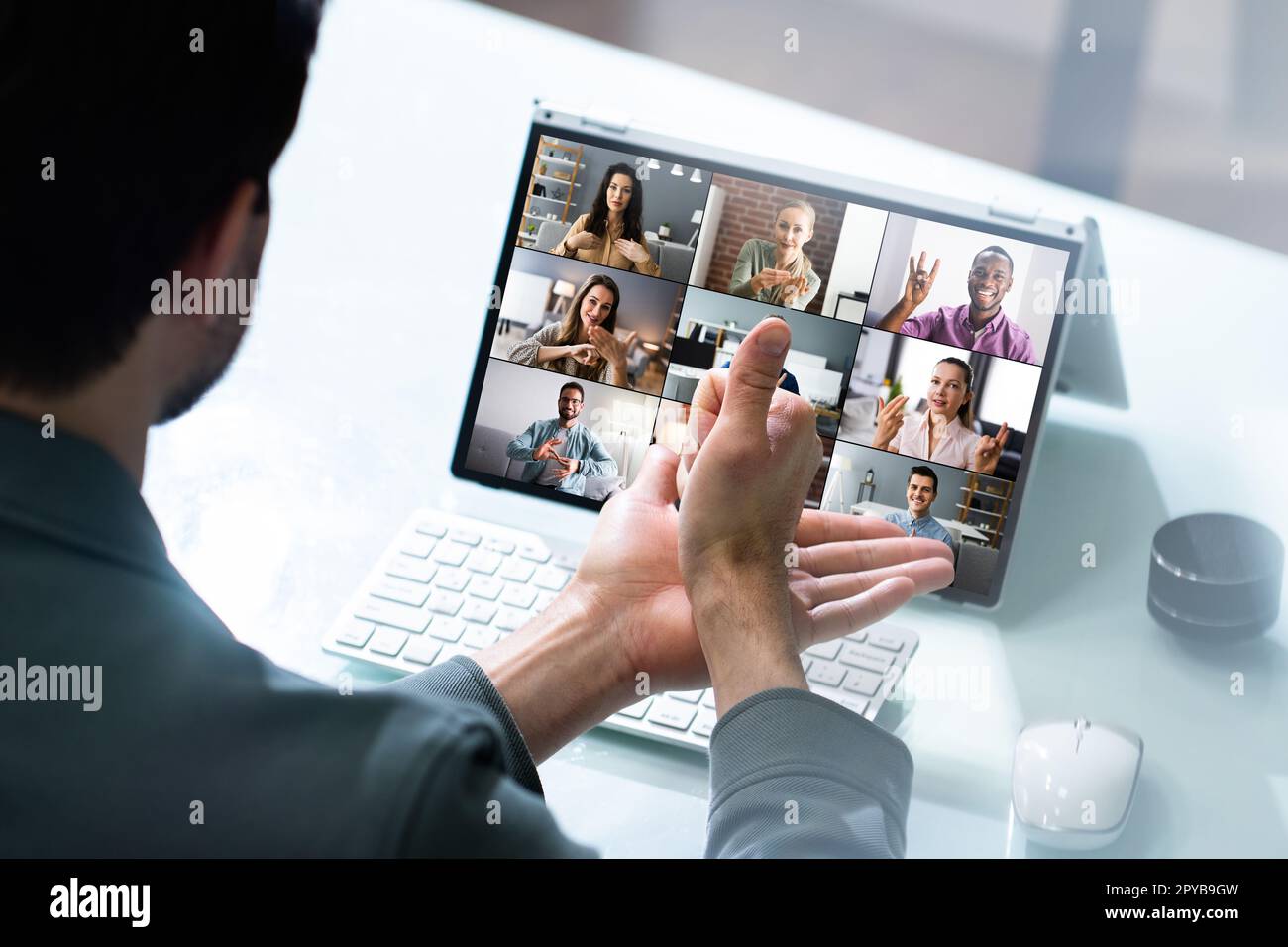 Learning Disabled Deaf Sign Language In Video Conference Stock Photo ...