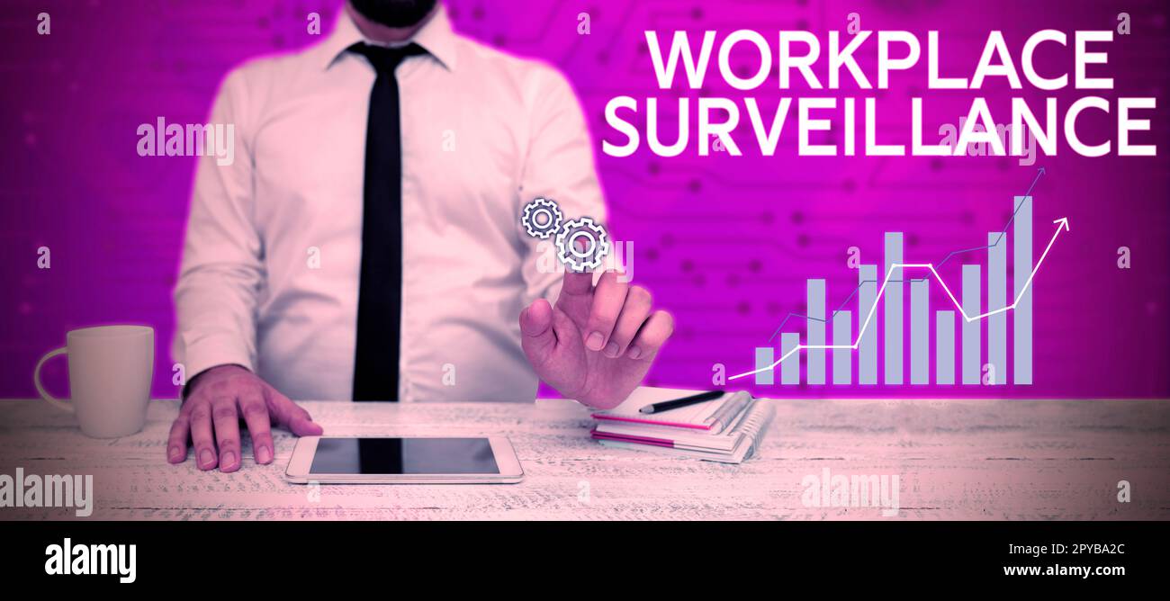 Sign displaying Workplace Surveillance. Internet Concept protection of ...
