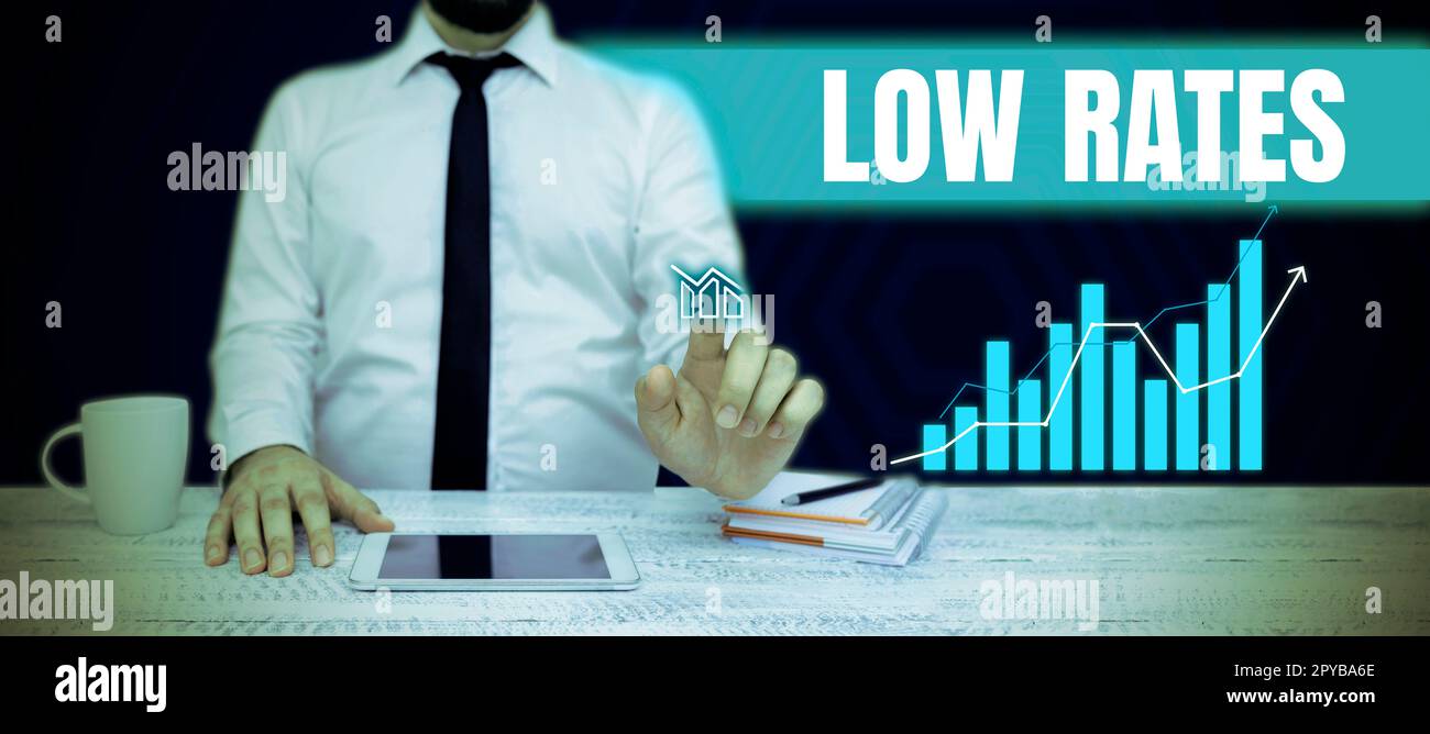 Text caption presenting Low Rates, Internet Concept A cost of an item ...