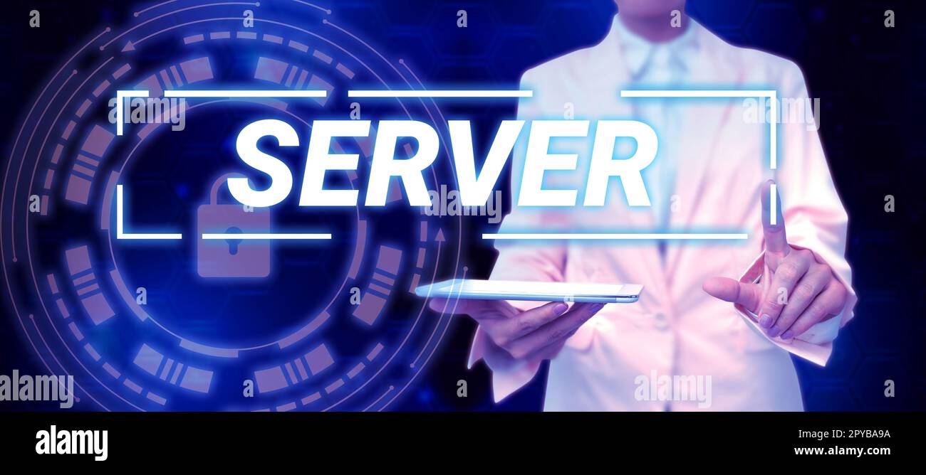 Text caption presenting Server. Business showcase computer program which manages access ...