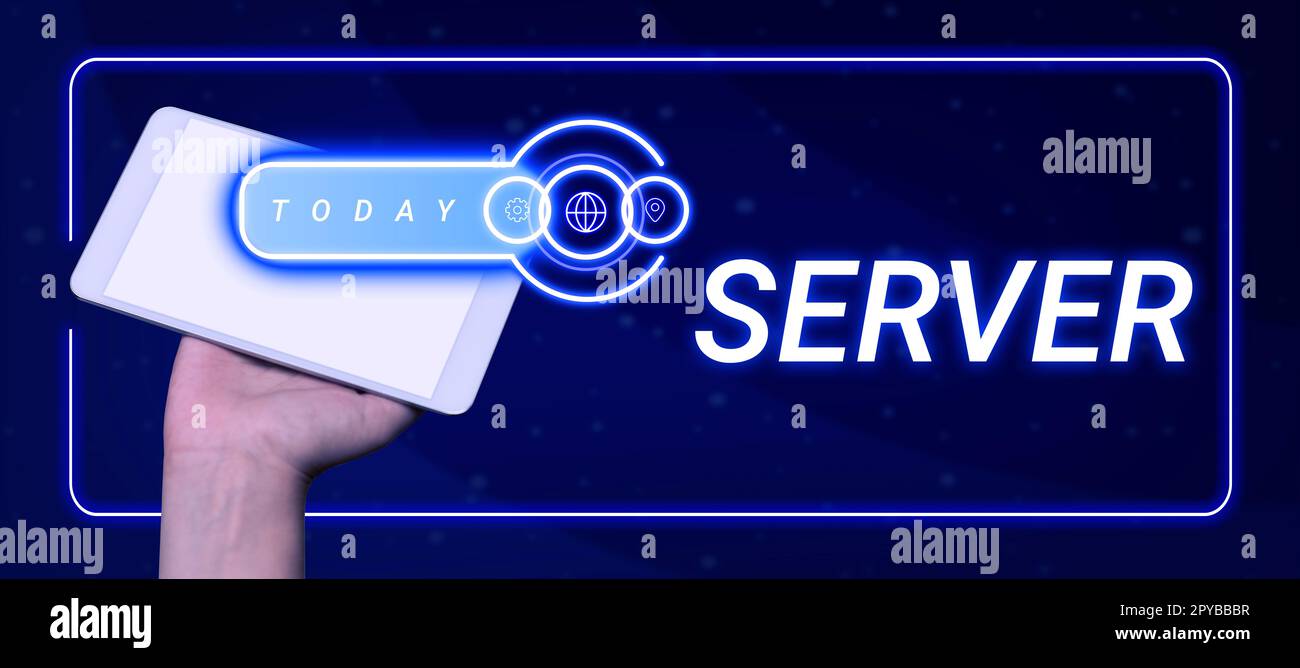 Hand writing sign Server. Business overview computer program which manages access centralized ...