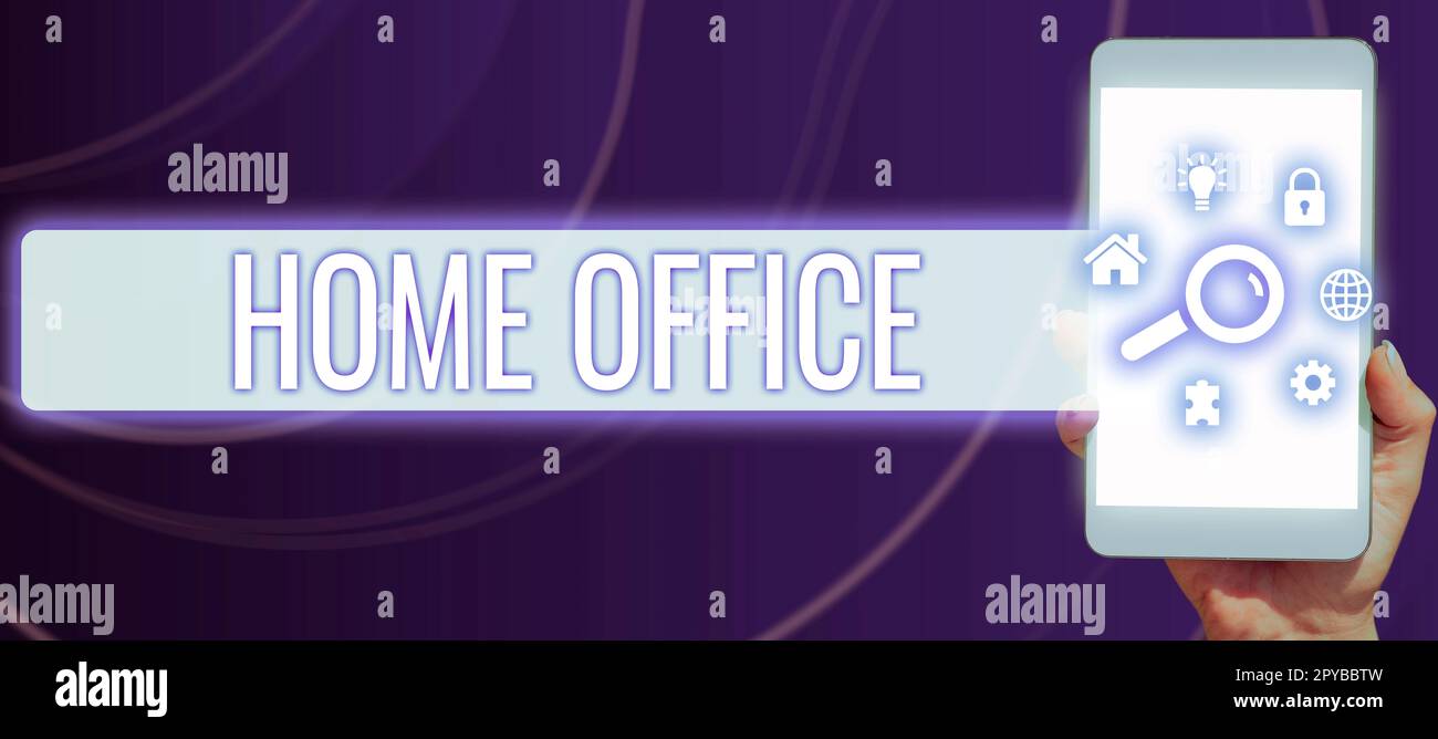Text caption presenting Home Office. Word Written on space designated ...