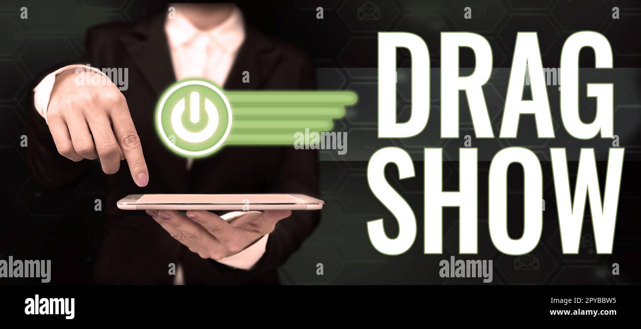 Hand writing sign Drag Show. Word for competitive event where two cars ...