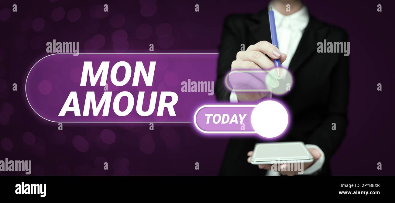 Hand writing sign Mon Amour. Word Written on French name of lover Happy ...