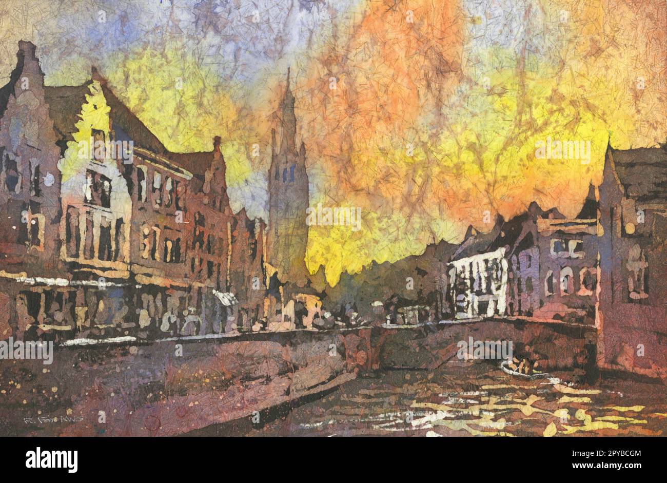 Bruges, Belgium sunset painting. Watercolor painting Belfry of Bruges ...