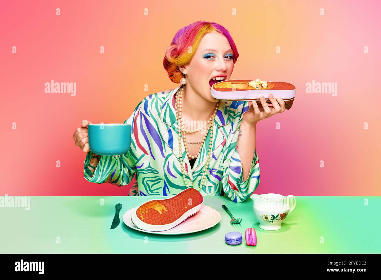Pretty young girl with colorful hair eating surreal sneakers waffles ...