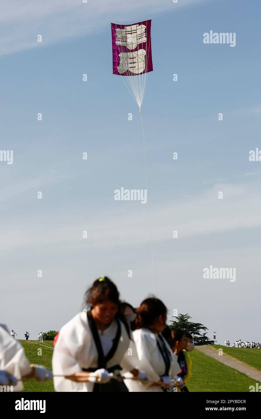 May 3, 2023, Saitama, Japan: Participants fly an enormous kite during ...