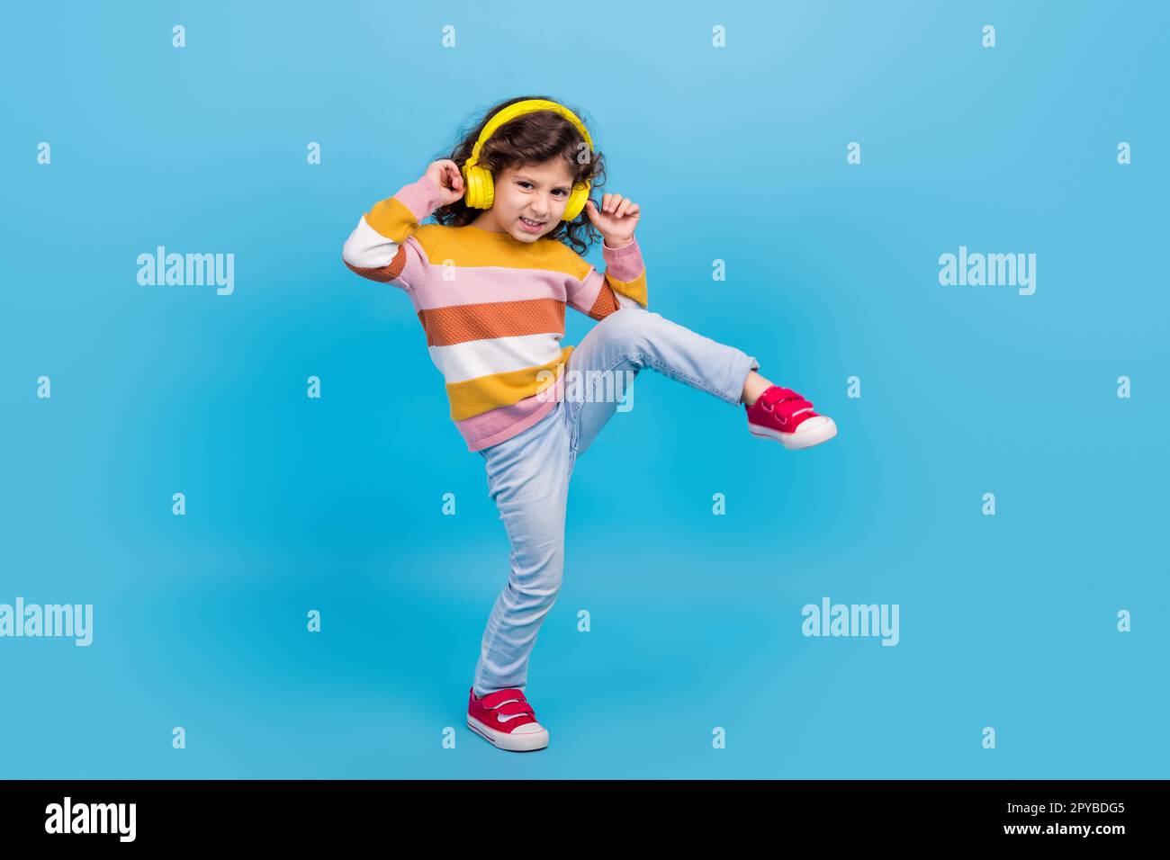 Full body photo of crazy preschool girl wear stylish outfit dancing ...