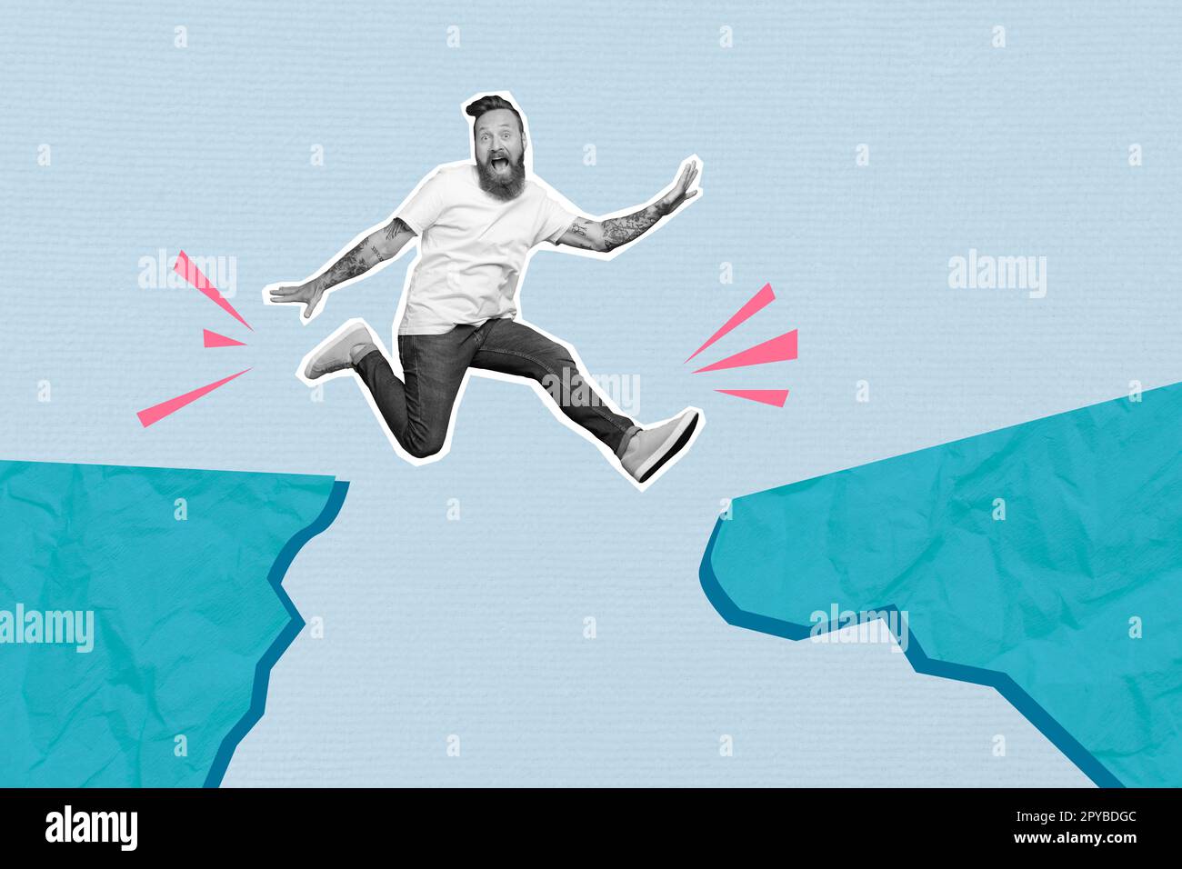 Picture poster banner collage of brave strong young guy jump over ...