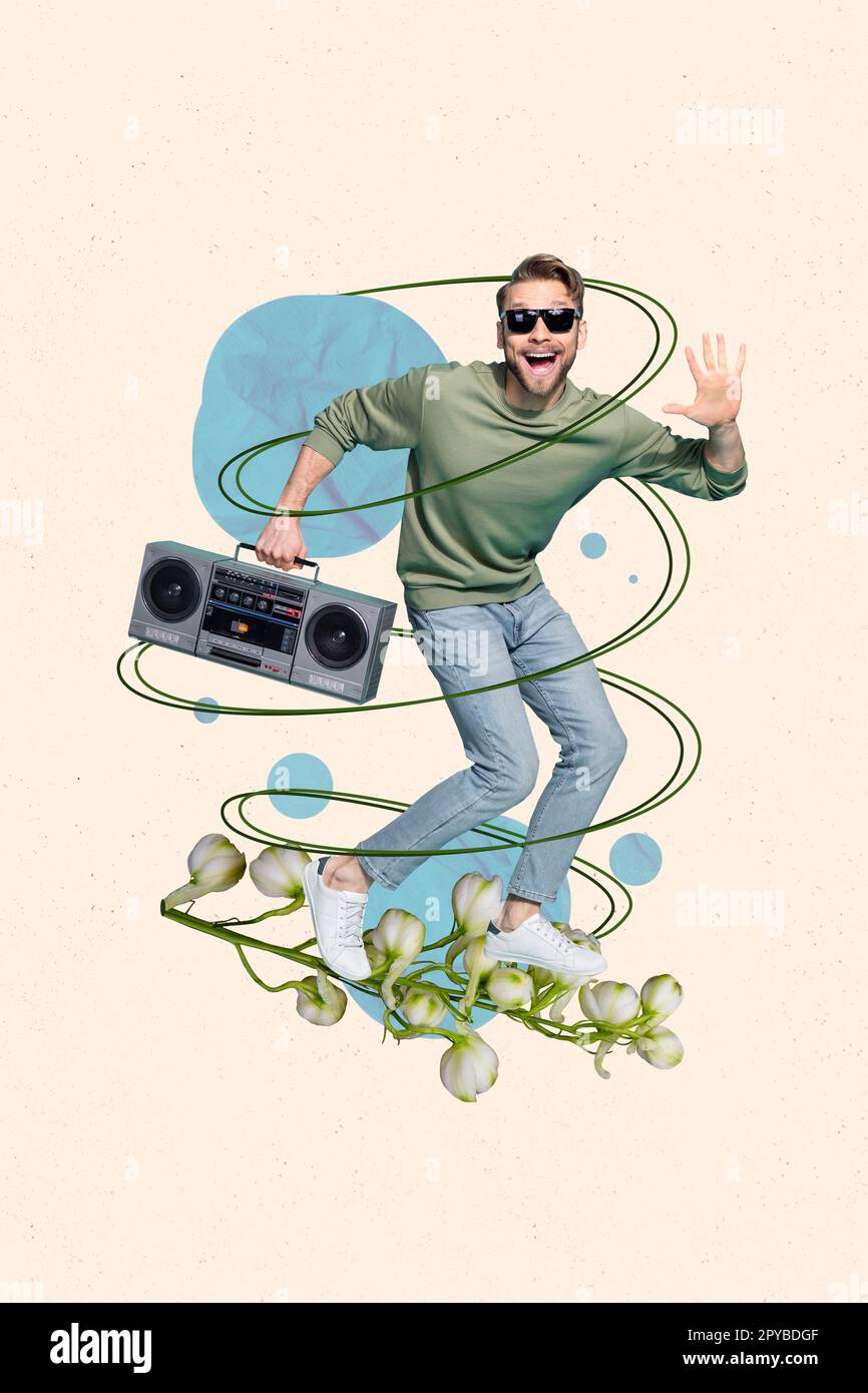 Poster banner of cool active youth guy dancing listen with boom box ...