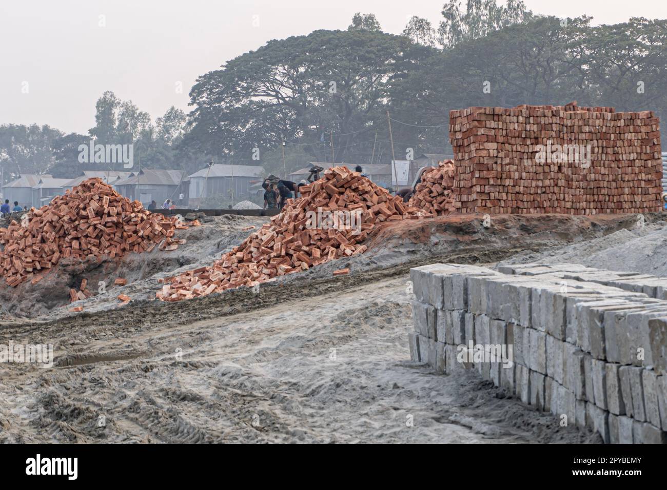 Gaibandha, Babgladesh-January 23th 2022-A pile of red bricks and ...
