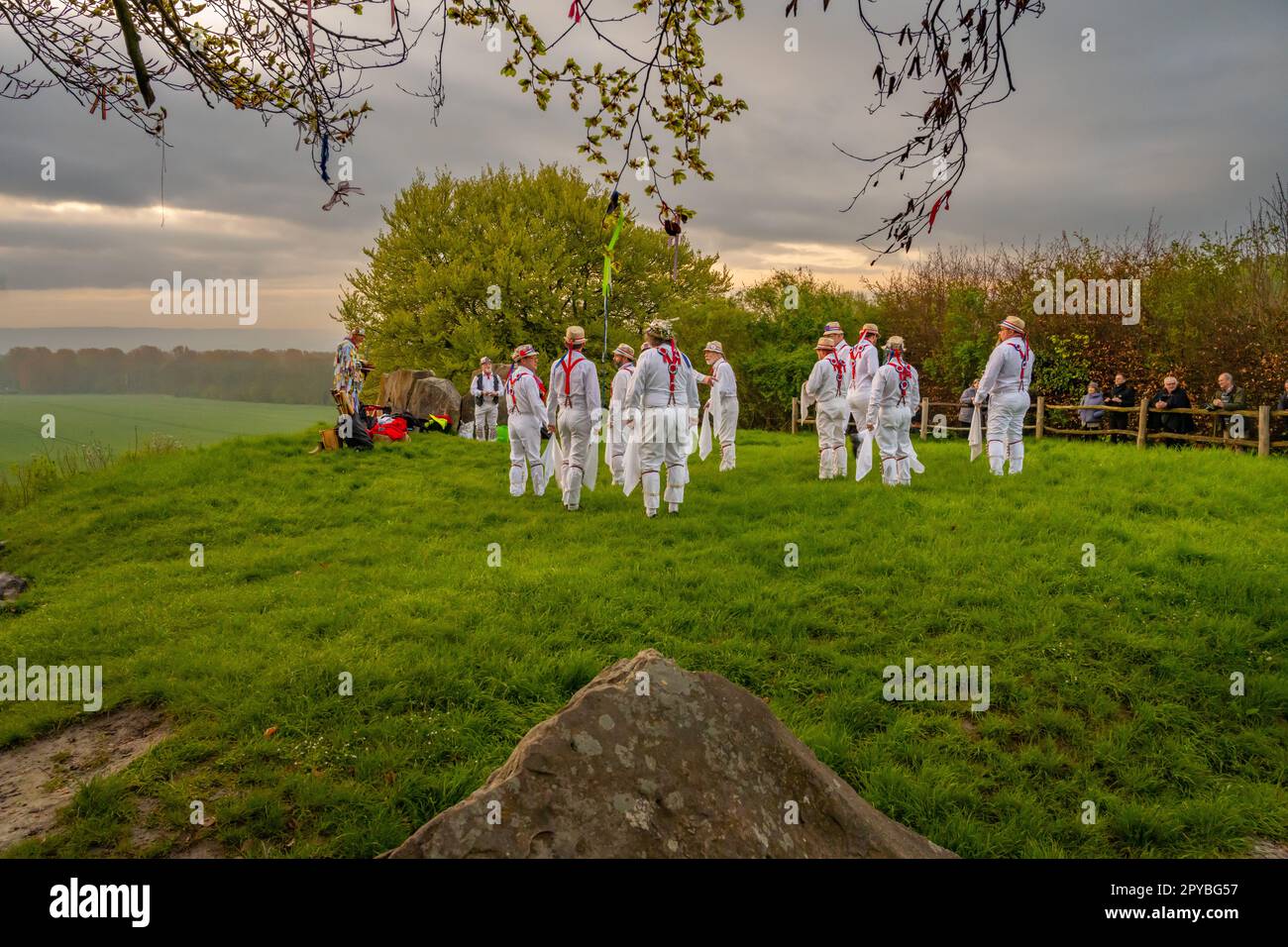 Morris dancers dancing on Coldrum Long barrow near Trottiscliffe at ...