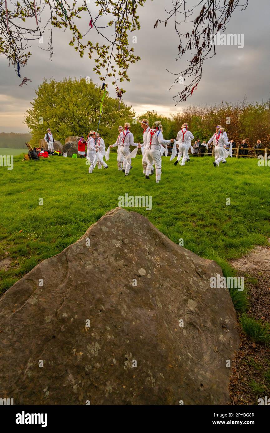 Morris dancers dancing on Coldrum Long barrow near Trottiscliffe at ...