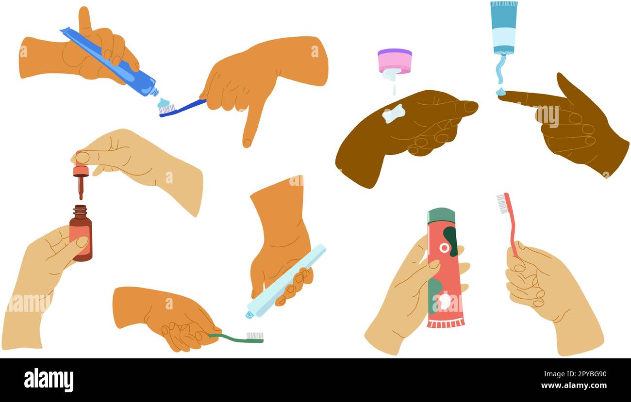 People hands doing morning routine close up vector illustrations set ...