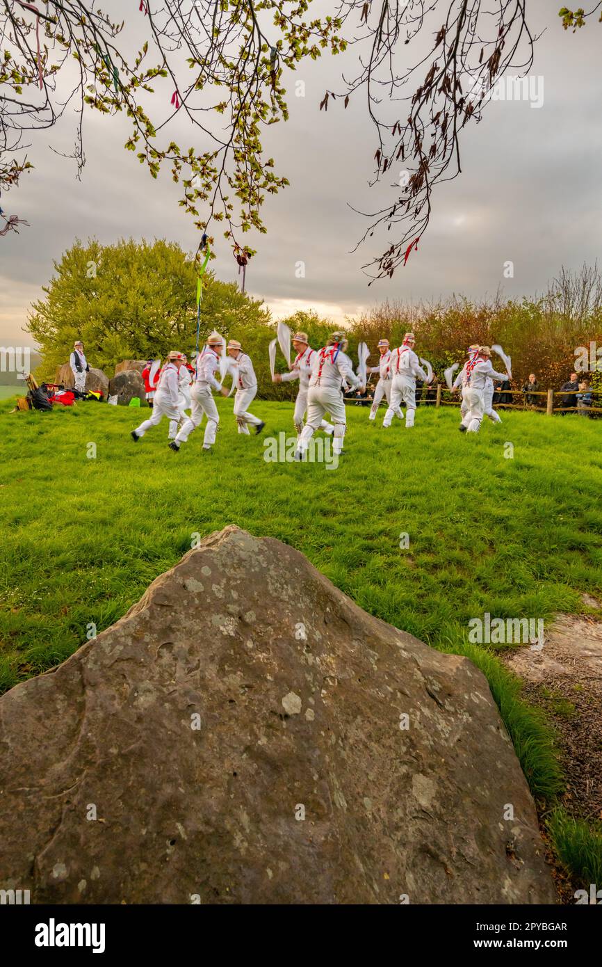 Morris dancers dancing on Coldrum Long barrow near Trottiscliffe at ...