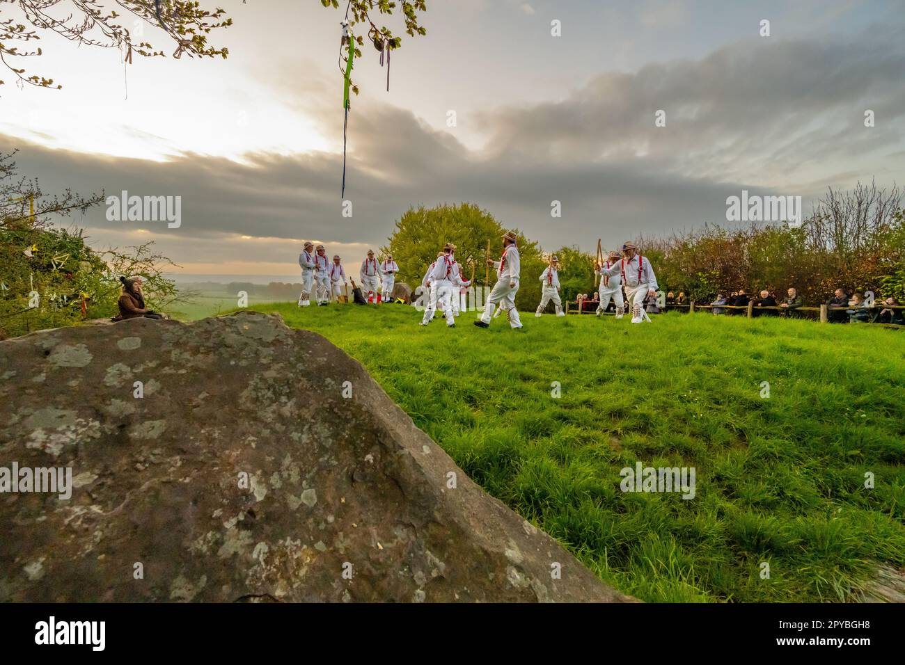 Morris dancers dancing on Coldrum Long barrow near Trottiscliffe at ...