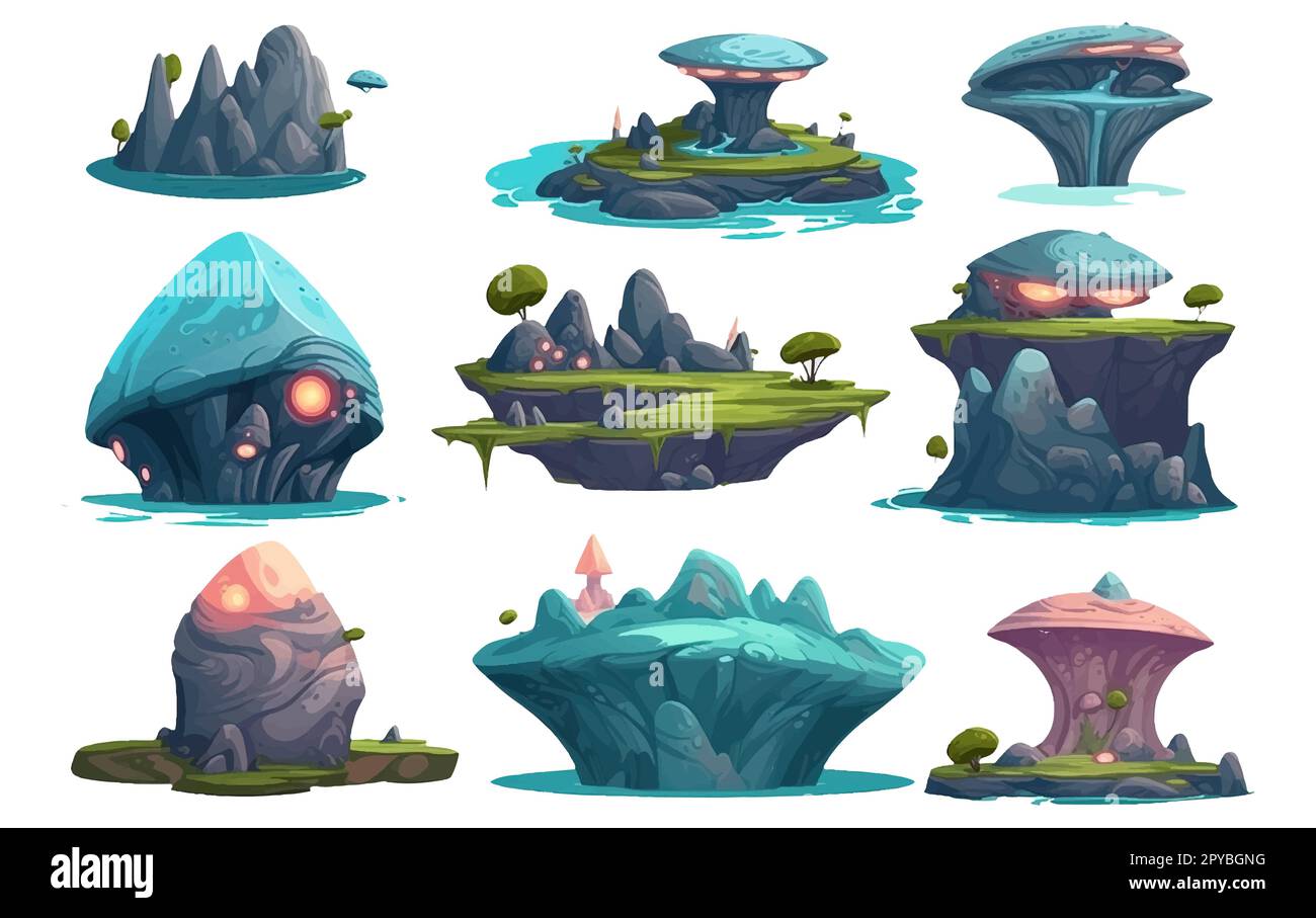 ui set vector illustration of planet landscape tree and plant isolated ...