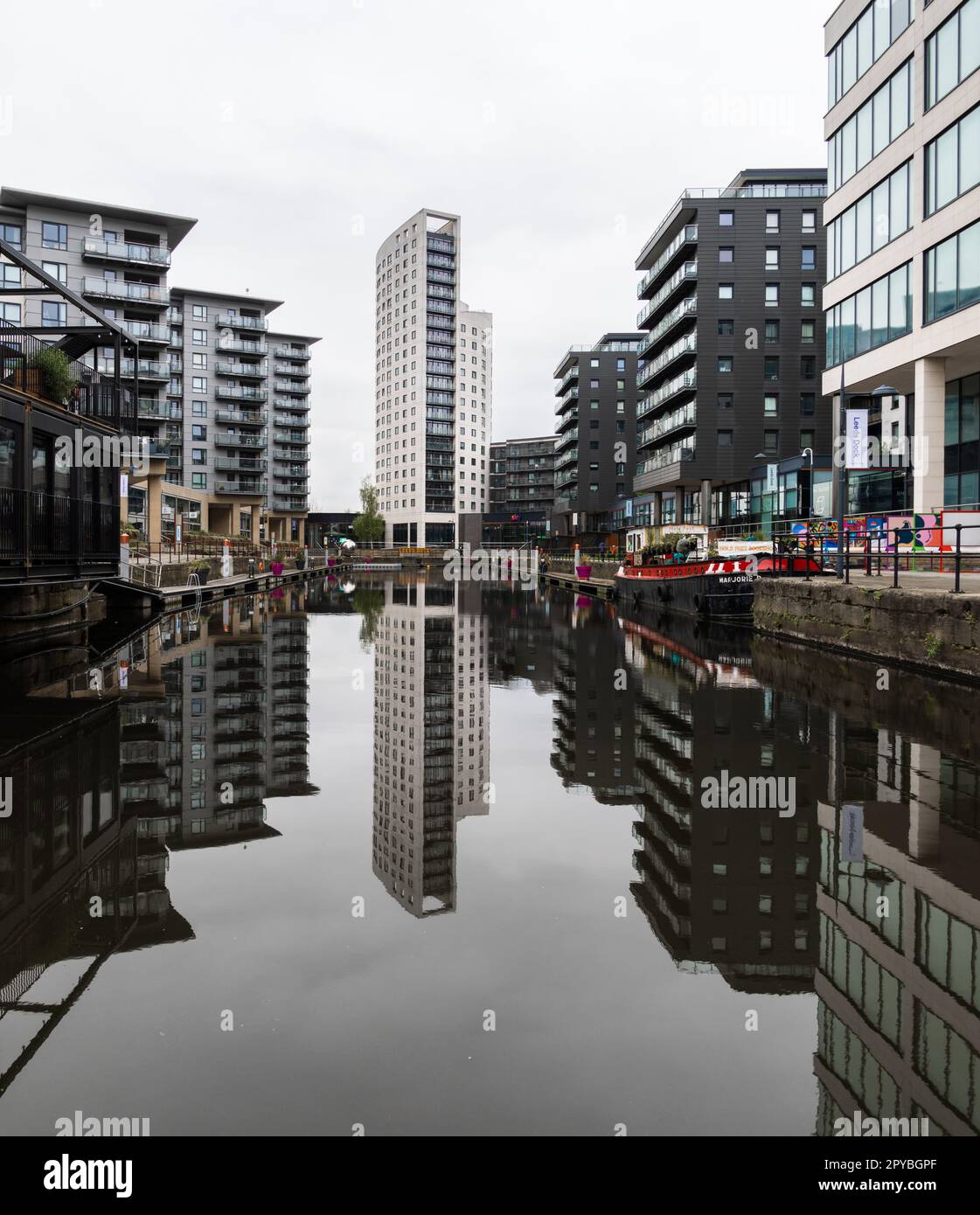 LEEDS DOCK, LEEDS, UK - MAY 2, 2023. A landscape view of Leeds Dock ...
