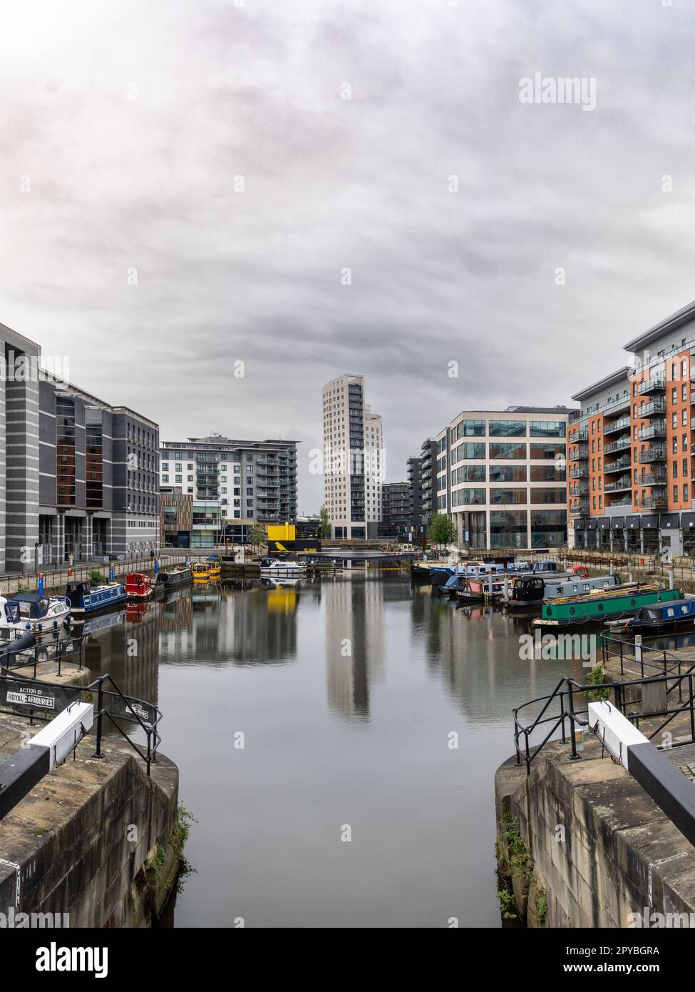 LEEDS DOCK, LEEDS, UK - MAY 2, 2023. A landscape view of Leeds Dock ...