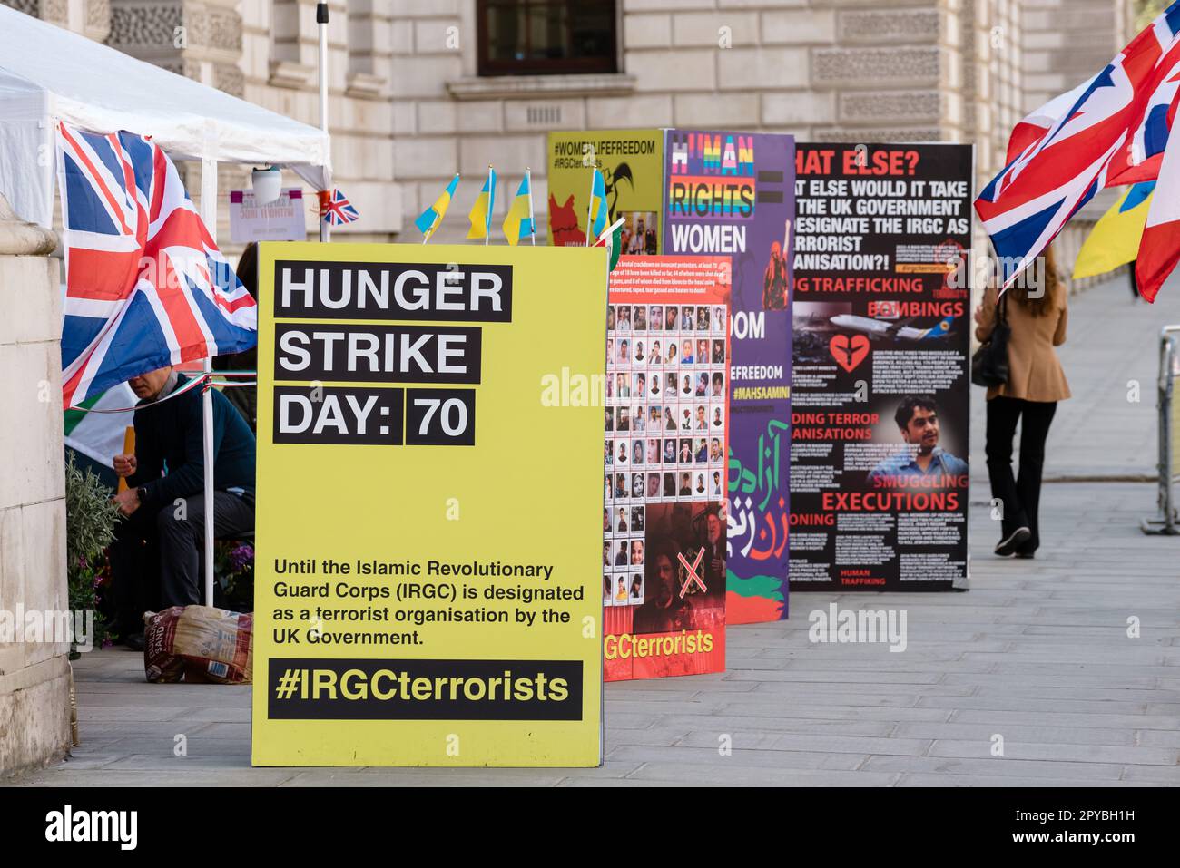 London, UK. 3 May 2023. Placard referencing Vahid Beheshti on day 70 of ...