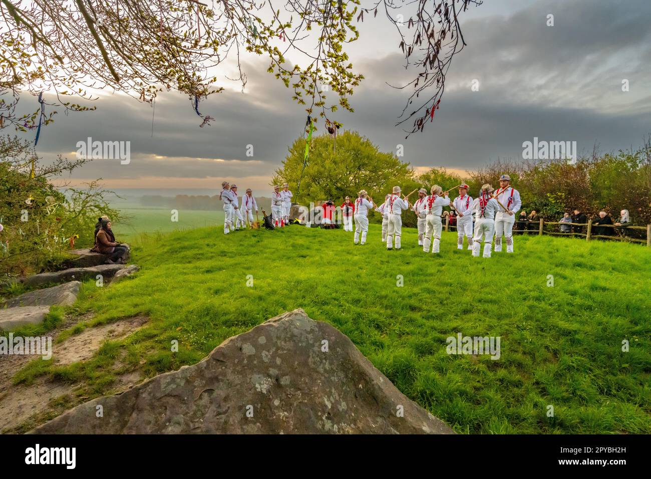 Morris dancers dancing on Coldrum Long barrow near Trottiscliffe at ...