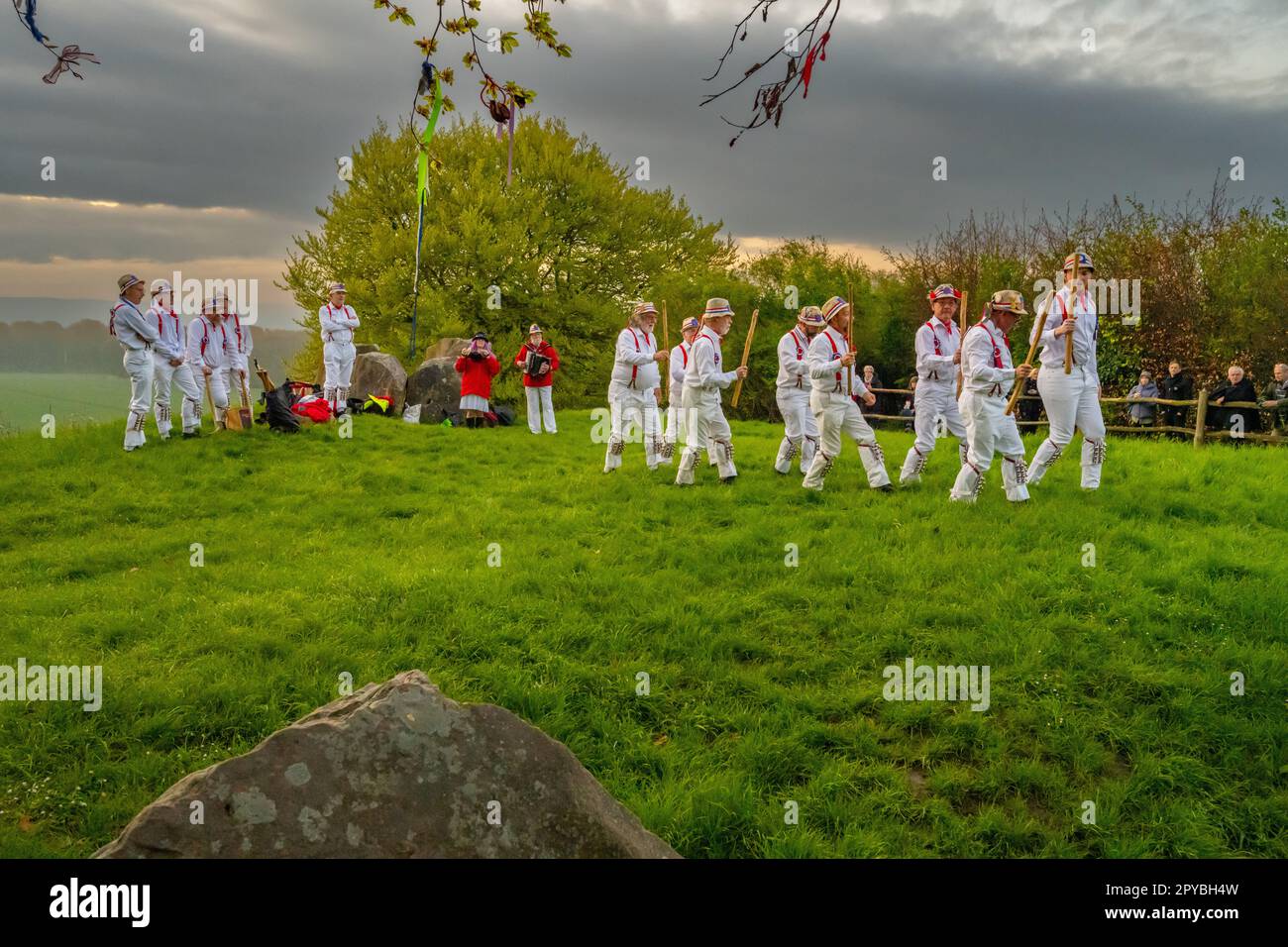 Morris dancers dancing on Coldrum Long barrow near Trottiscliffe at ...
