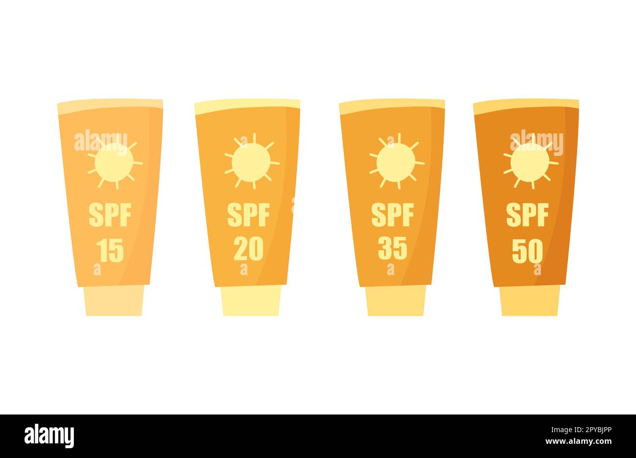 Set of SPF sunscreen creams with different coverage protection. Cartoon ...
