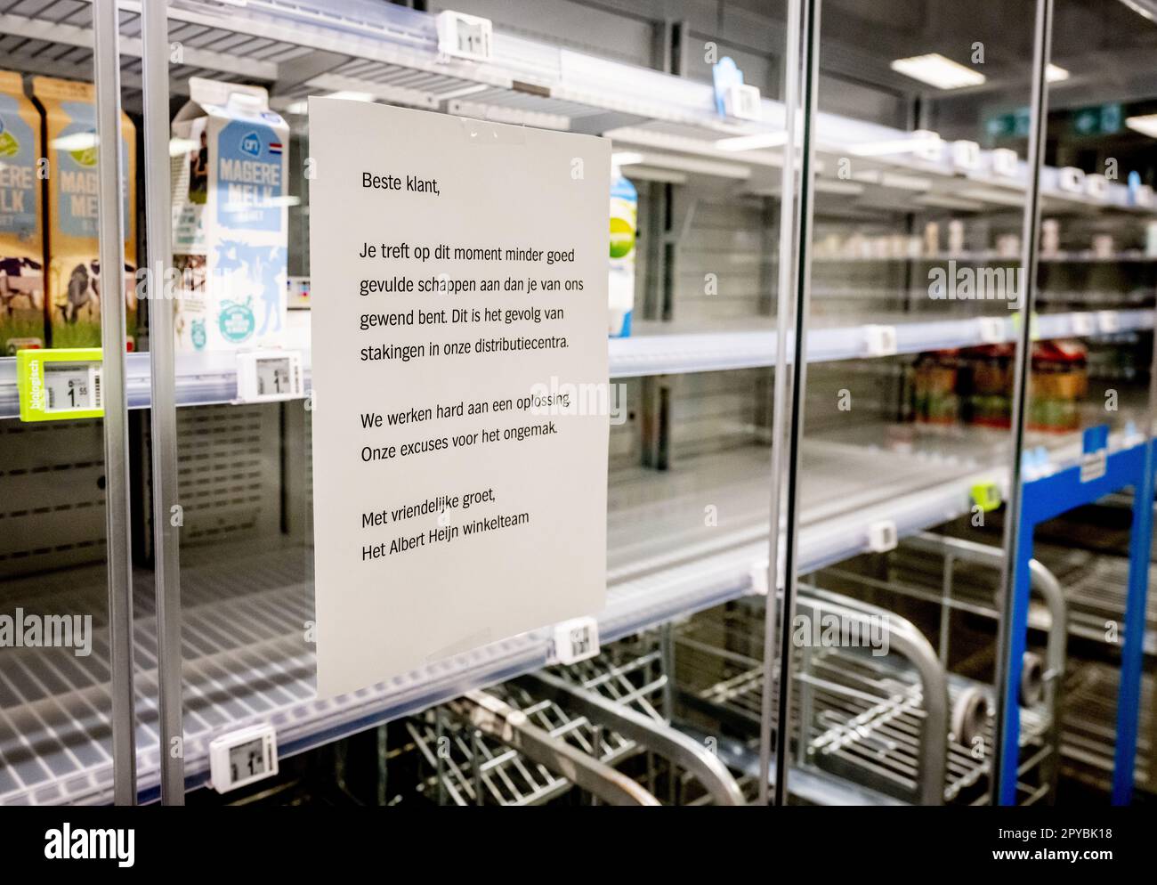ROTTERDAM - Empty shelves in an Albert Heijn branch. Shelves are ...
