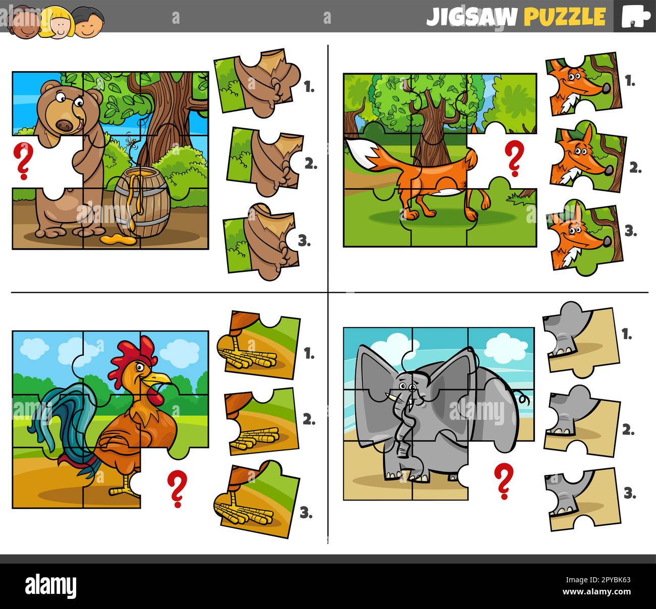 Cartoon illustration of educational jigsaw puzzle games set with animal ...