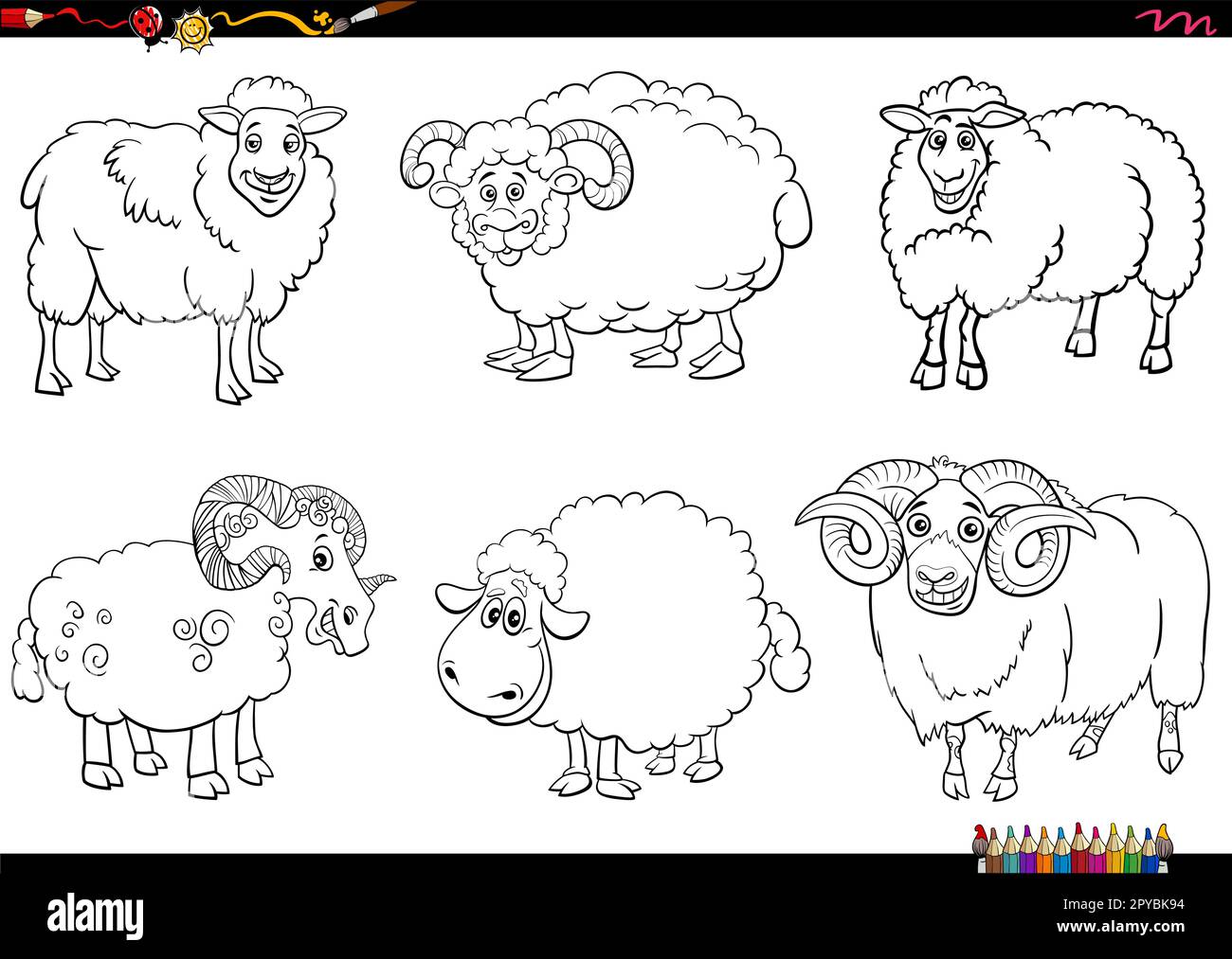 Black and white cartoon illustration of sheep farm animal comic ...