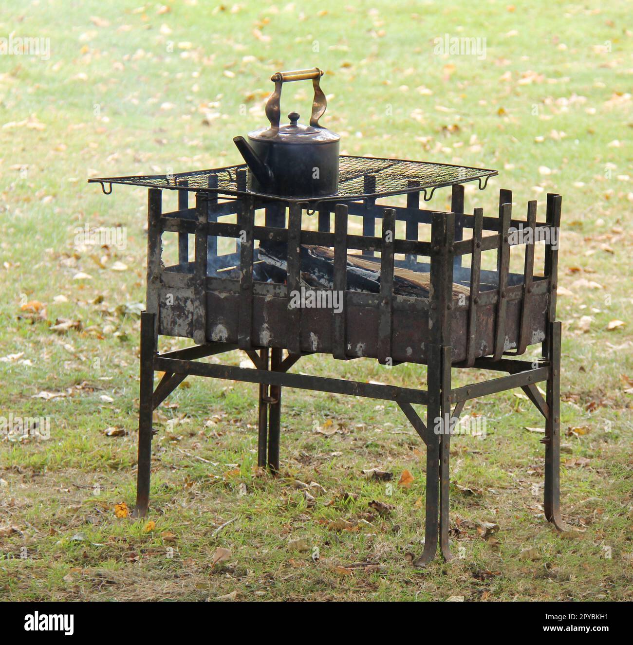 A Rustic Design Metal Frame Wood Log Cooking Fire Stock Photo - Alamy