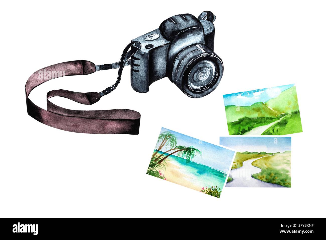 Watercolor illustration of a camera and photographs of landscapes ...