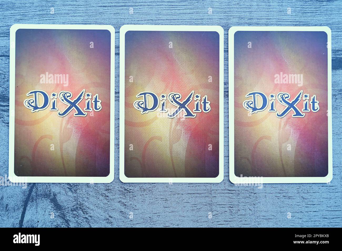 Lublin, Poland. 02 May 2023.Set of cards for playing Dixit board game ...