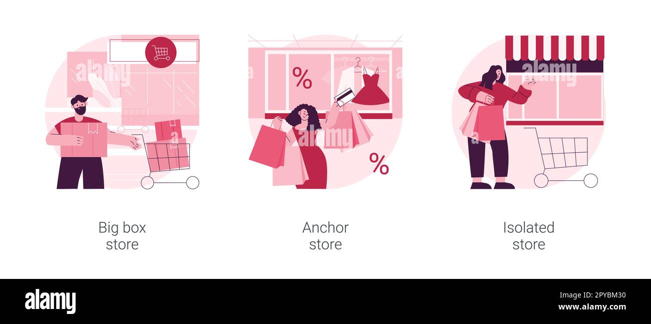 Retail shop abstract concept vector illustration set. Big box, anchor ...