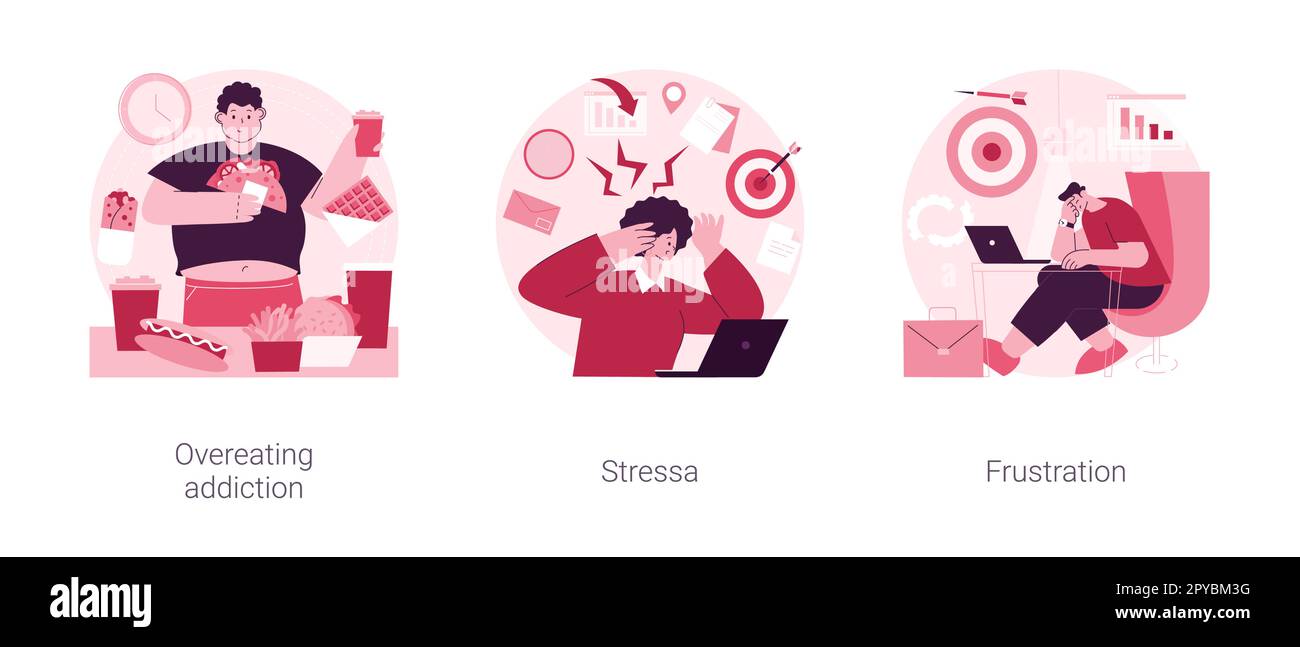 Mental problem abstract concept vector illustration set. Overeating ...
