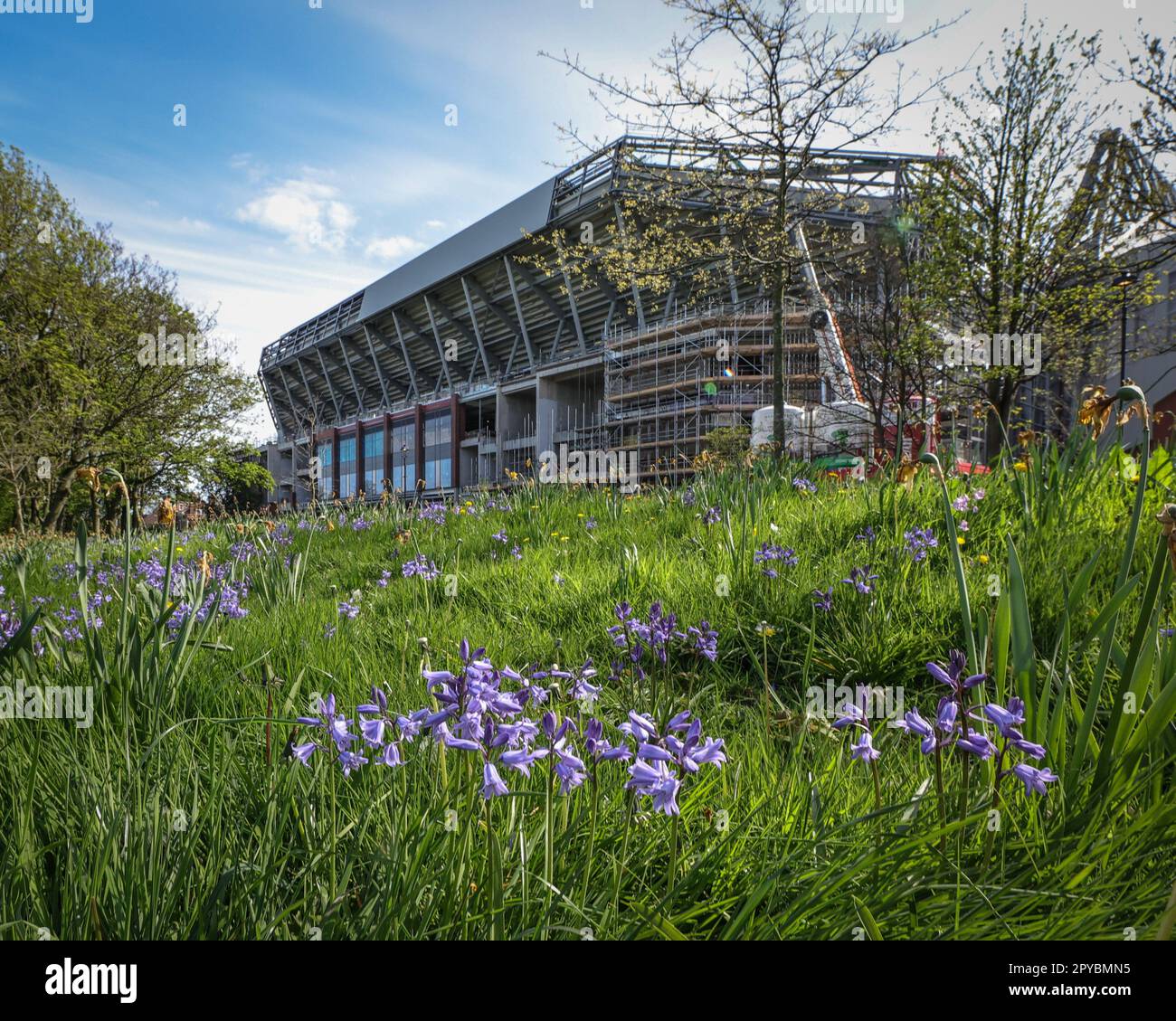 The Anfield Road end new stand from the bluebells of Stanley Park ...